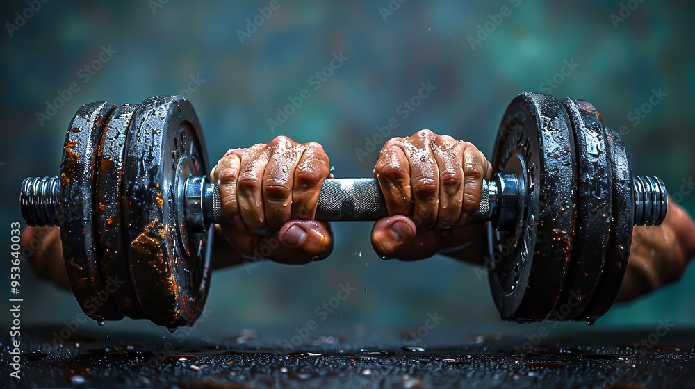 Closeup of hands lifting a heavy dumbbell, fitness theme, front view ...
