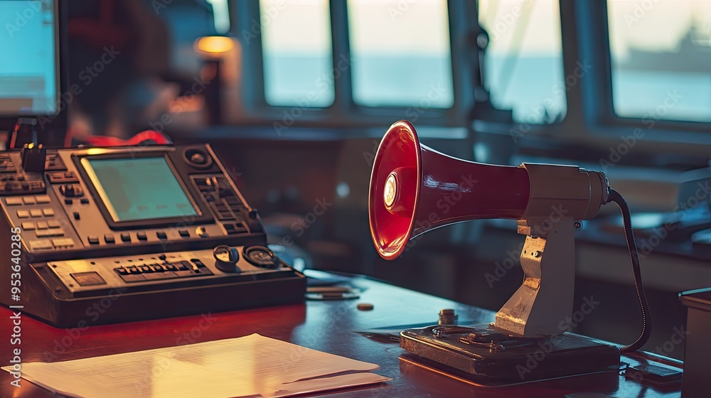 Emergency alarm megaphone on a ship's control room desk. Highlights the ...