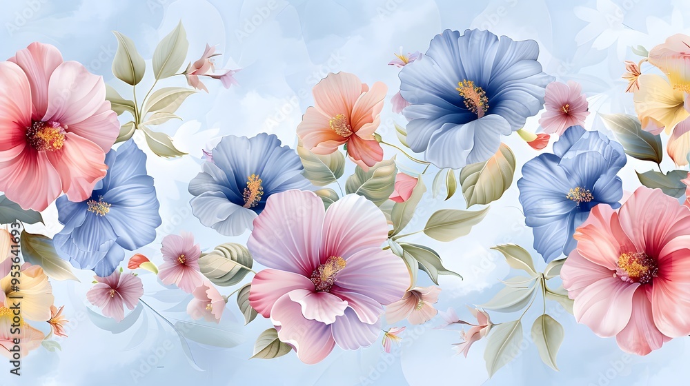 Elegant pink and blue floral pattern on a sky-blue background, with ...