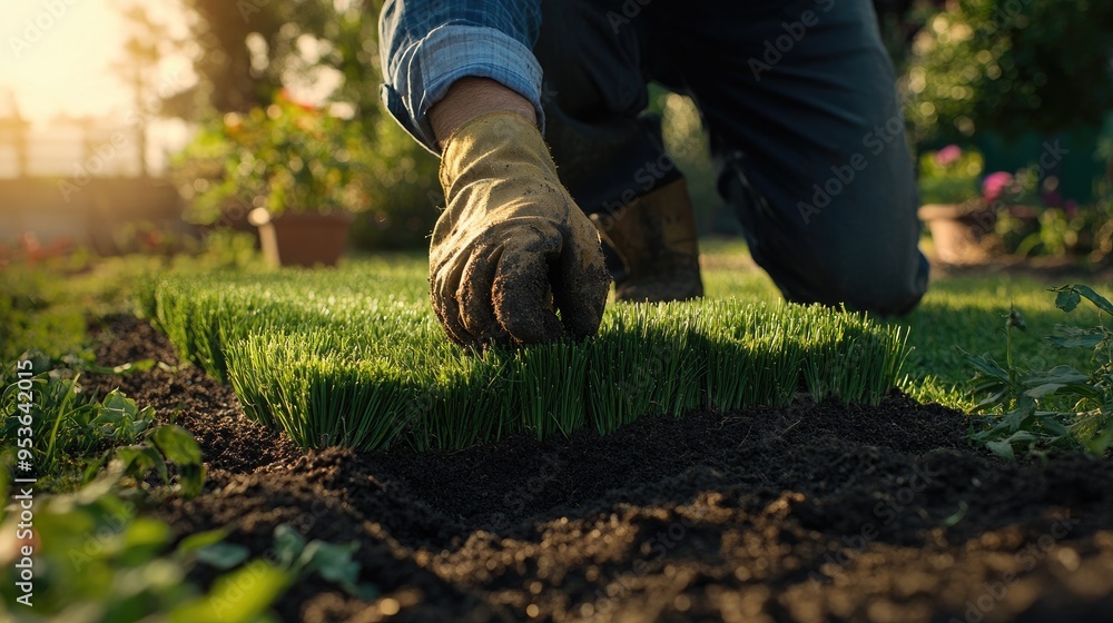Gardener planting sod in garden. Photo shows the process of laying sod ...