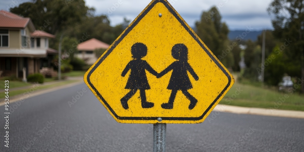 School zone sign children crossing bright clear warning sign suburban ...