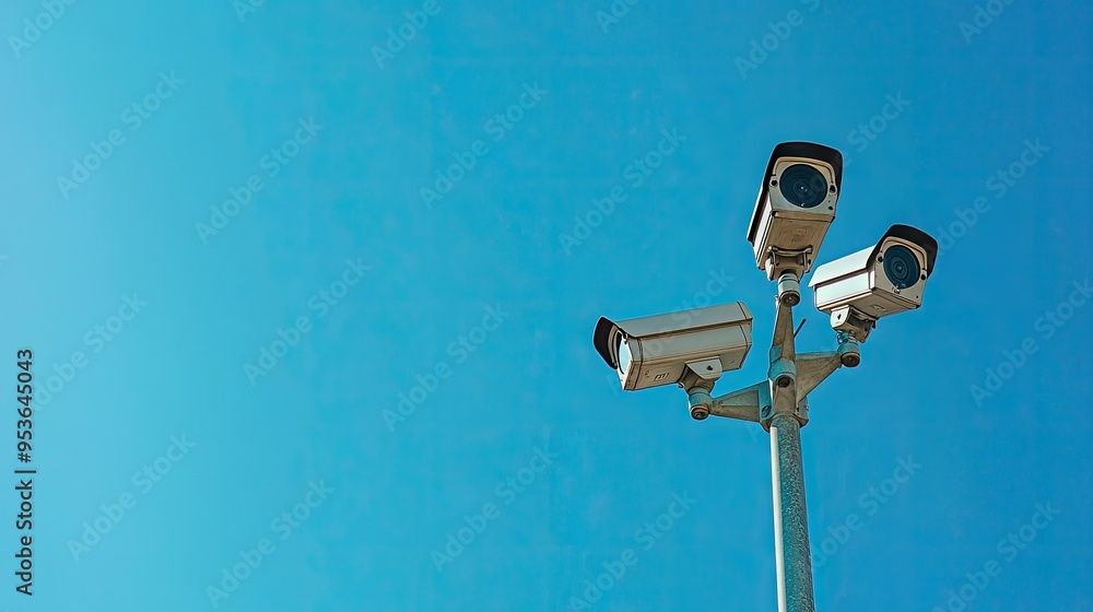 High-resolution image of two surveillance cameras on a pole with a ...