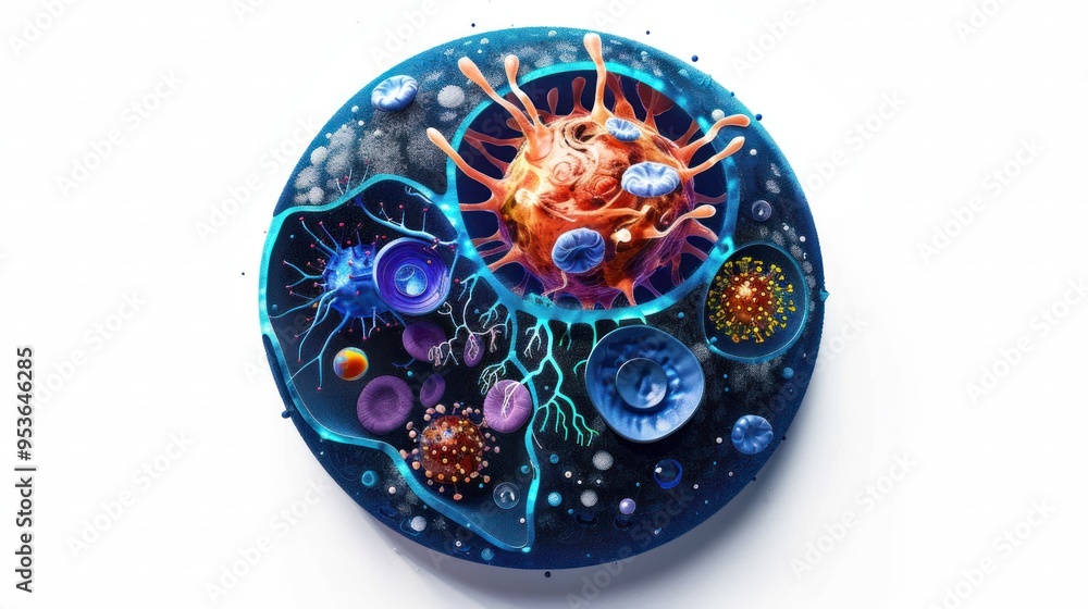 A scientific diagram of a human cell, labeled with its various parts ...