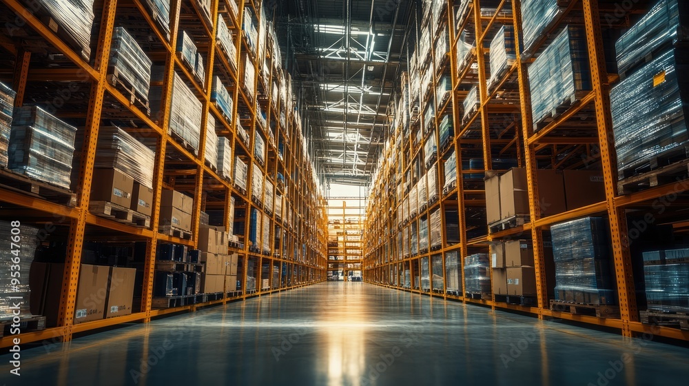 Interior of a logistics warehouse showing high shelves and stored ...