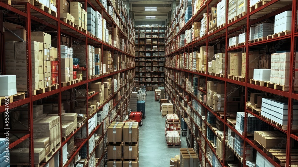Interior of a logistics warehouse showing multiple levels of stored ...