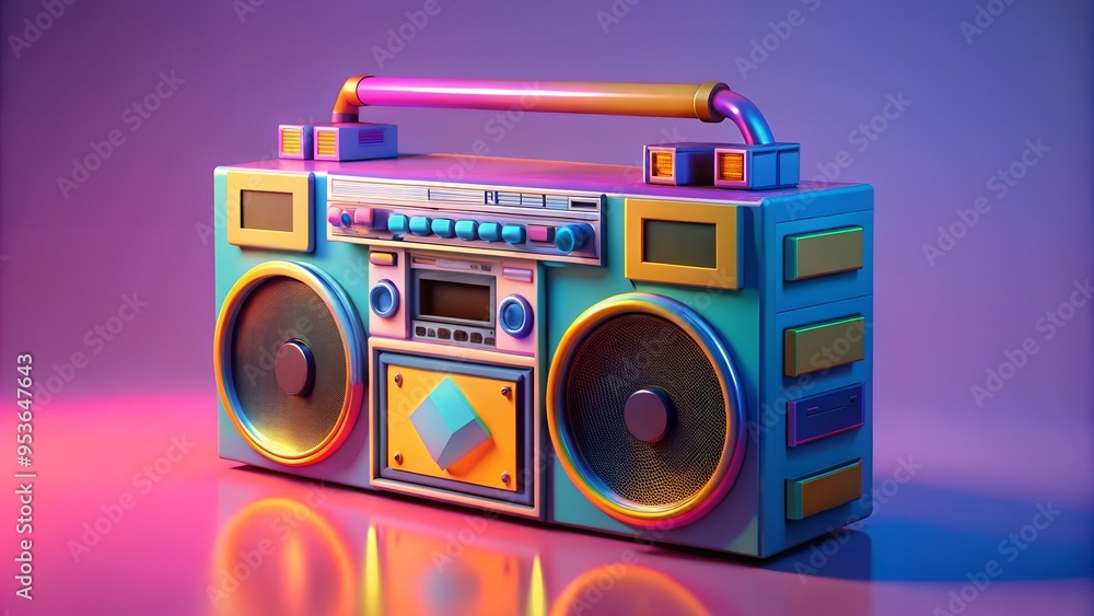 3D render of a vibrant retro boombox with neon colors and a playful ...