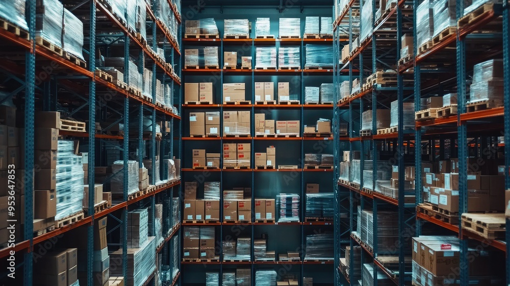 Interior of a logistics warehouse showing multiple levels of stored ...