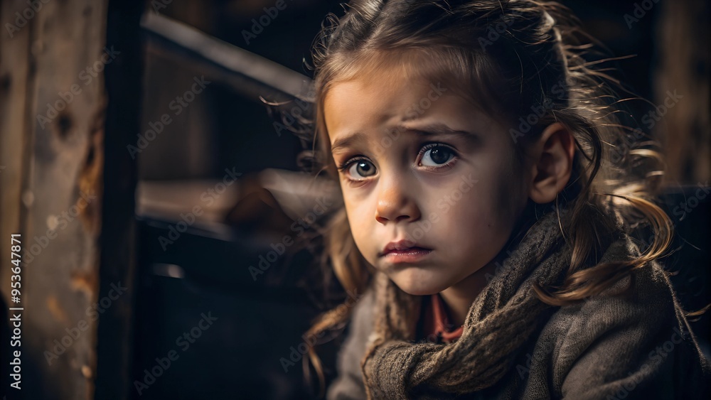 A sad little girl with big expressive eyes sits in a dark environment ...