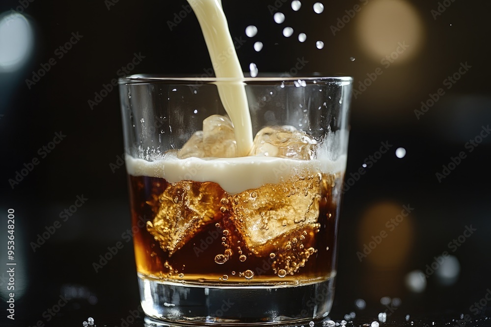 Milk pouring into a glass of cola. This image showcases a refreshing ...