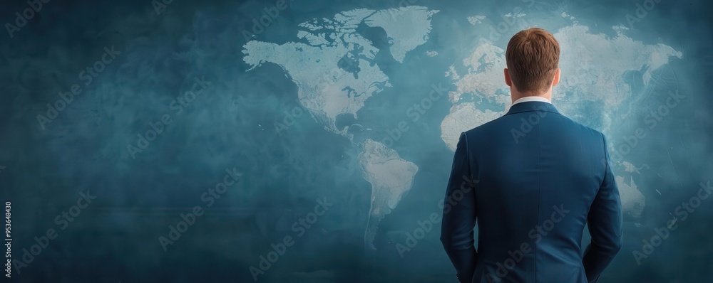 Manager standing in front of a map, plotting a course through a high ...