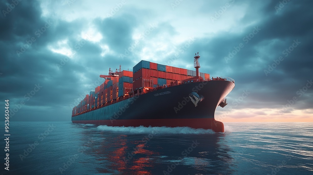 Large cargo ship at sea with a full load of containers, representing ...