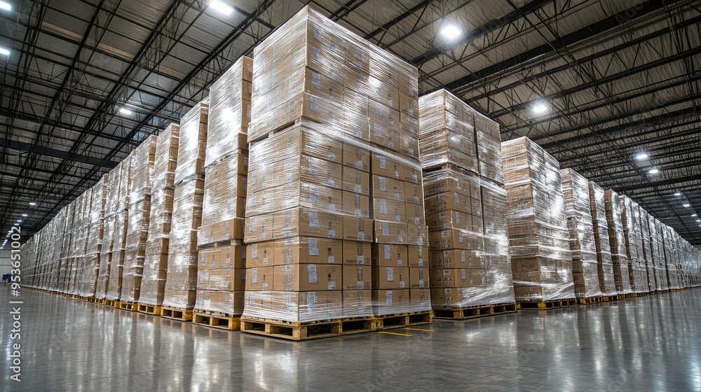 Large warehouse with stacks of plastic-wrapped boxes on pallets. Ideal ...