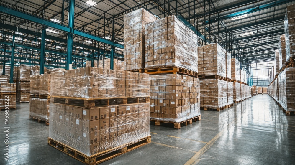Large warehouse with stacks of plastic-wrapped boxes on pallets. Ideal ...