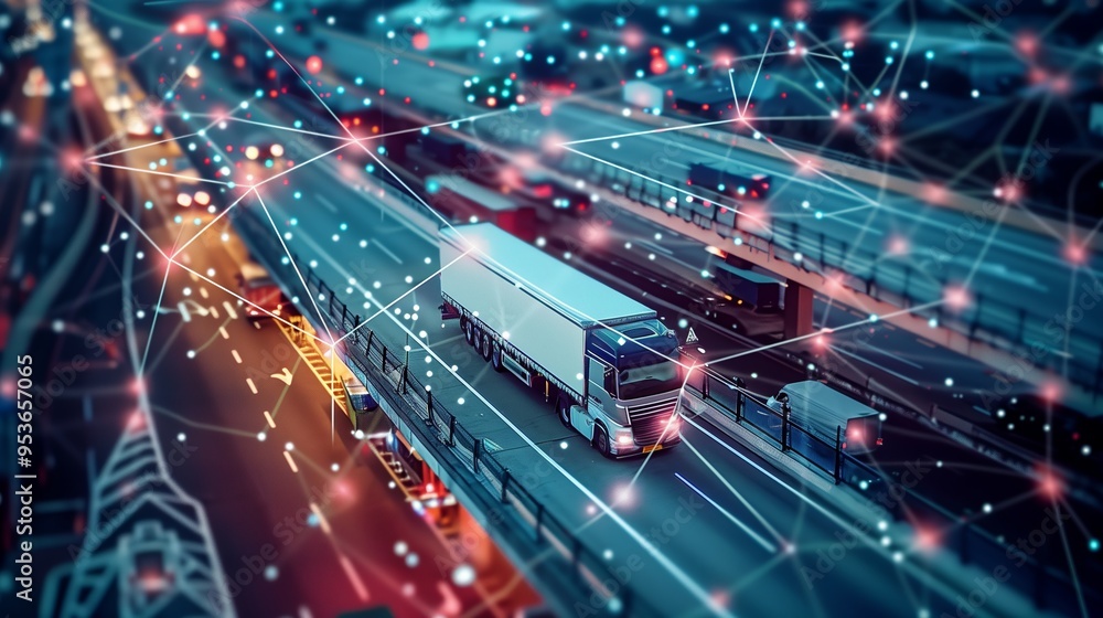 High-tech highway view scene. Trucks move along the road, above which ...