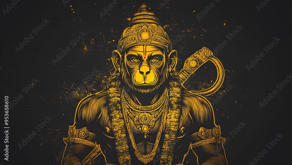 Digital art illustration of Lord Hanuman, a Hindu deity, in a golden ...