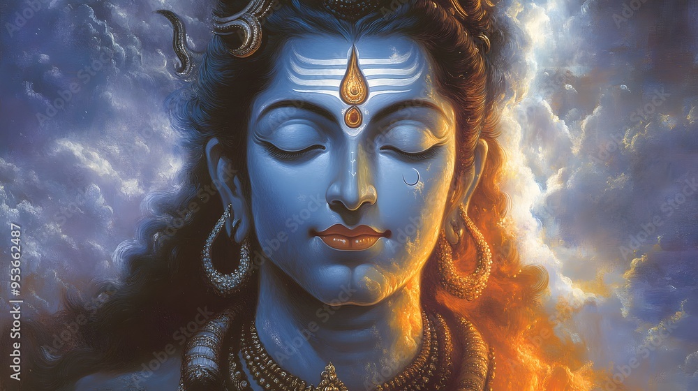 A close-up portrait of Shiva, a Hindu deity, with his eyes closed and a ...