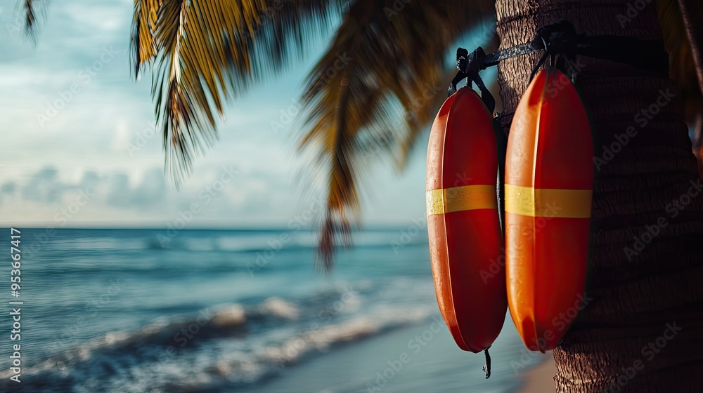 Rescue tubes displayed on palm trees by the beach, ready for use in ...