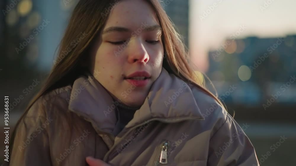 A girl grabs her jacket, pulling it tightly around herself, visibly ...