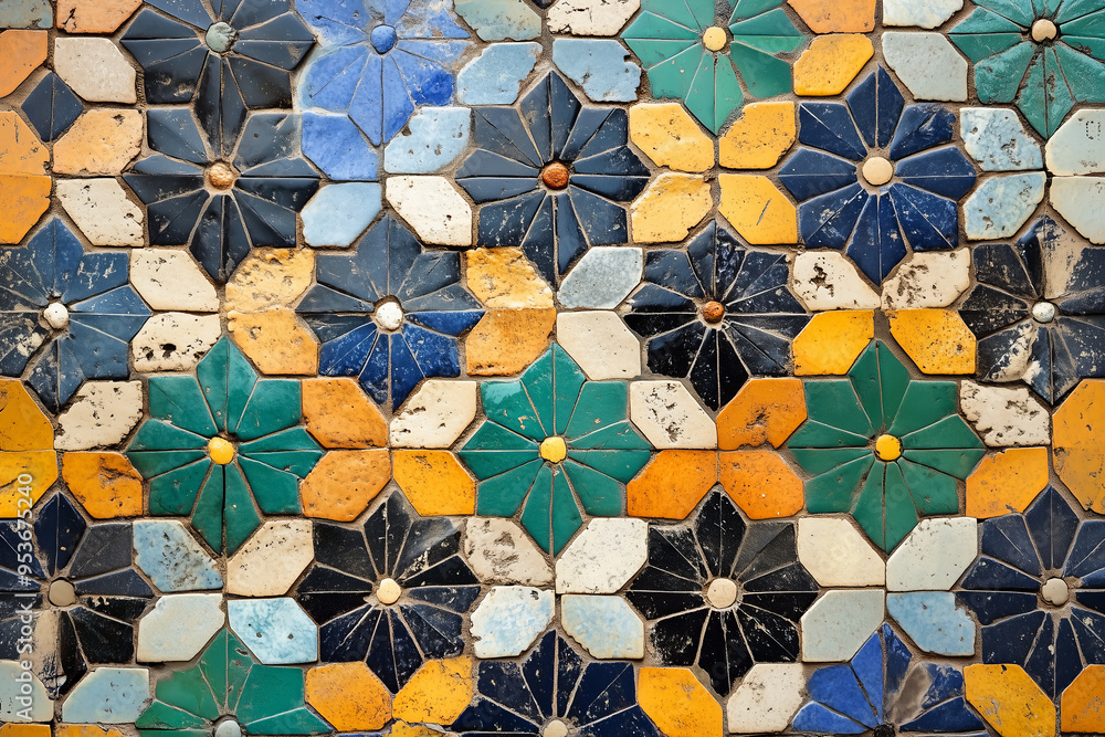 Brightly colored tiles with traditional patterns. Arranged neatly on ...