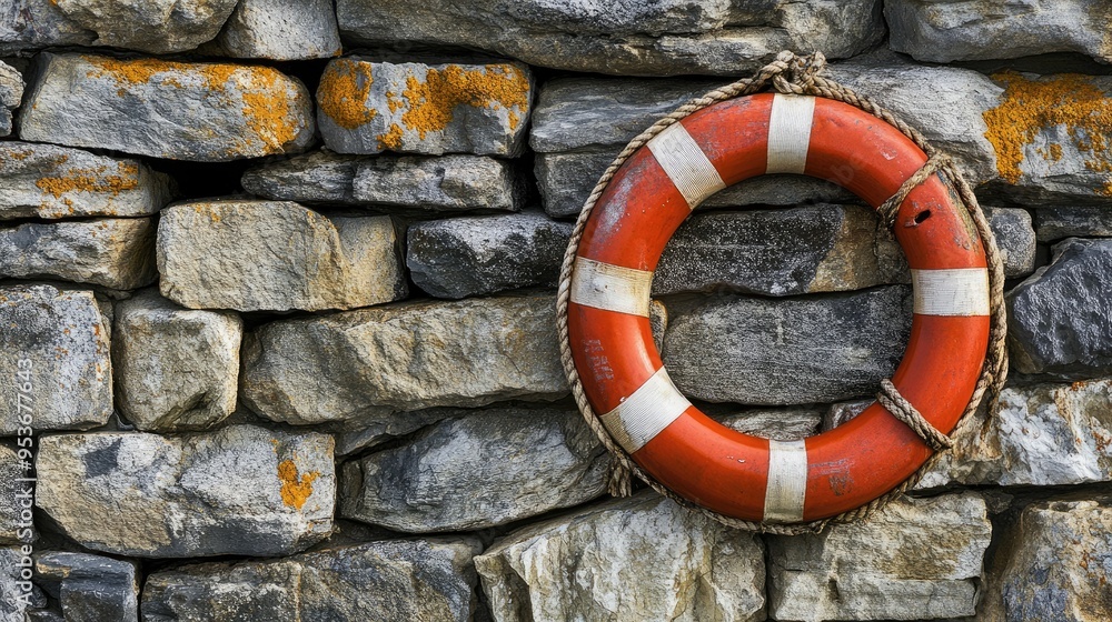 Vintage life ring fixed to a stone wall, capturing the essence of ...