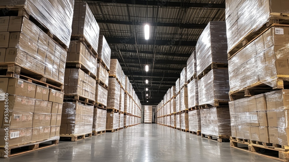 Warehouse interior with stacked pallets of plastic-wrapped cartons ...