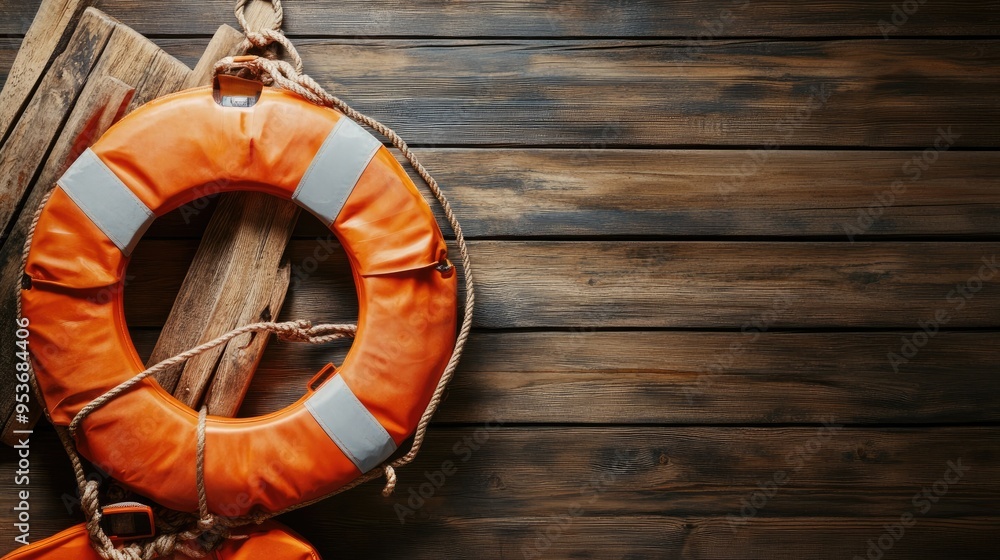 Wooden background features an orange life jacket and lifebuoy ...