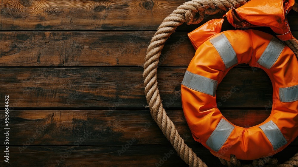 Wooden background features an orange life jacket and lifebuoy ...