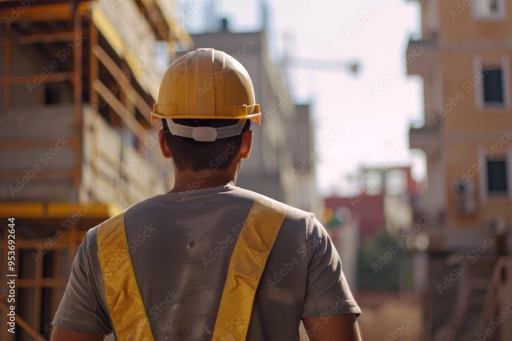 Young hispanic man worker wearing hardhat standing backwards at ...