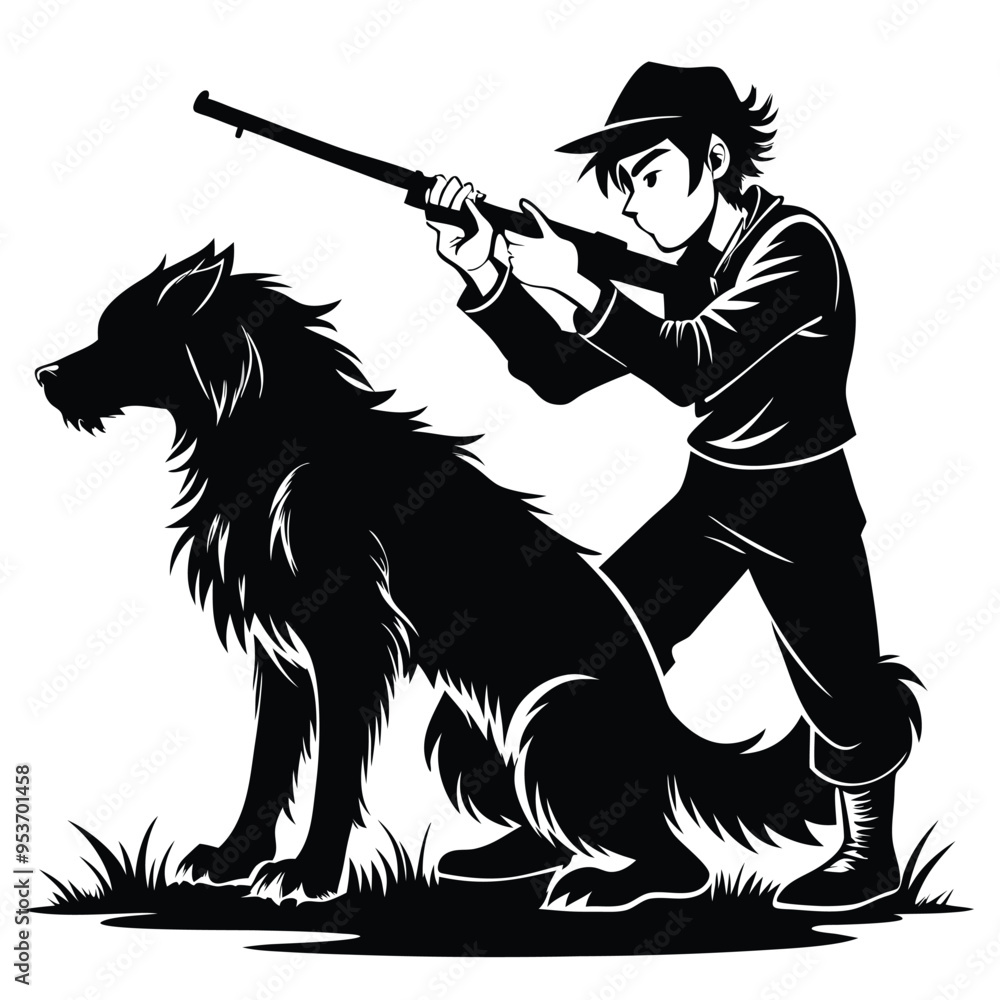 Hunter Shooting with Dog Beside Vector Illustration Silhouette, 2D ...