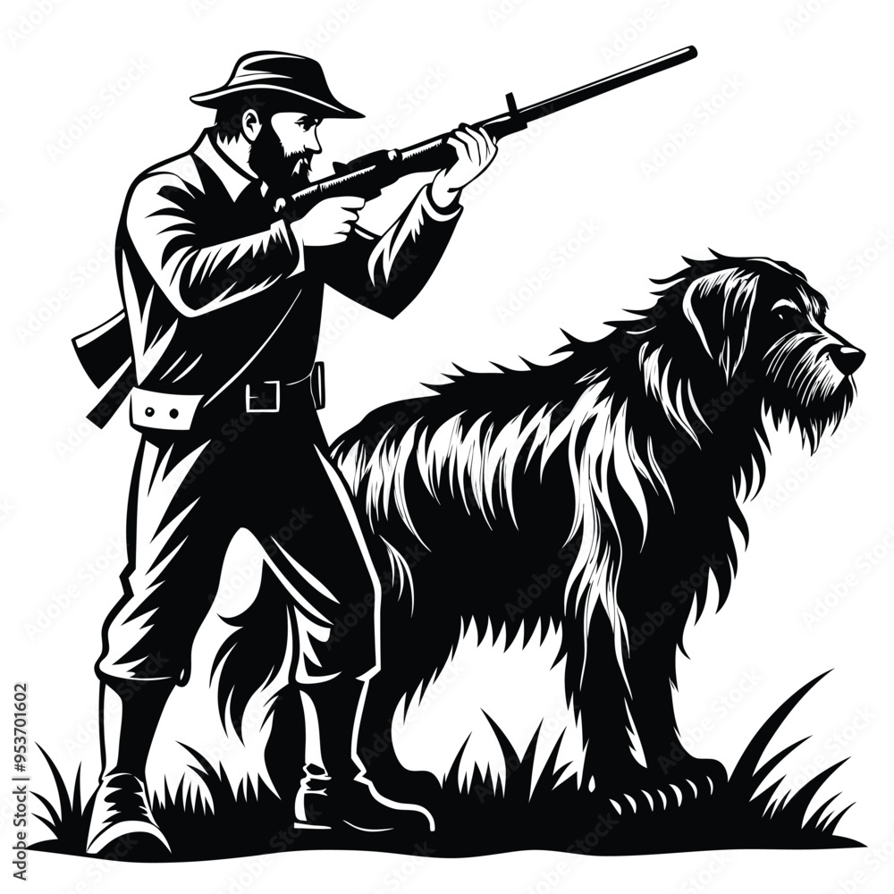 Hunter Shooting with Dog Beside Vector Illustration Silhouette, 2D ...