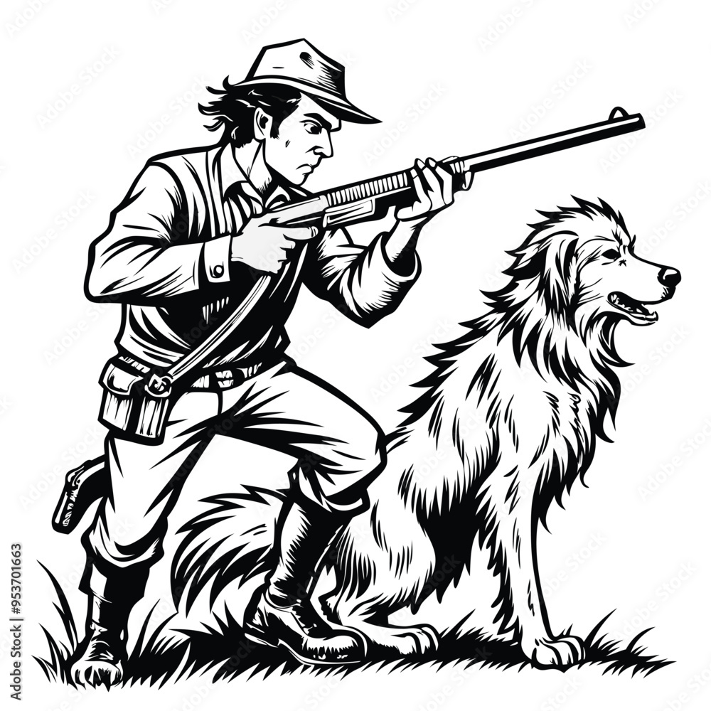 Hunter Shooting with Dog Beside Vector Illustration Silhouette, 2D ...