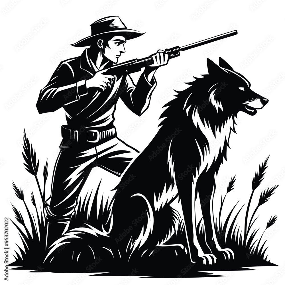 Hunter Shooting with Dog Beside Vector Illustration Silhouette, 2D ...
