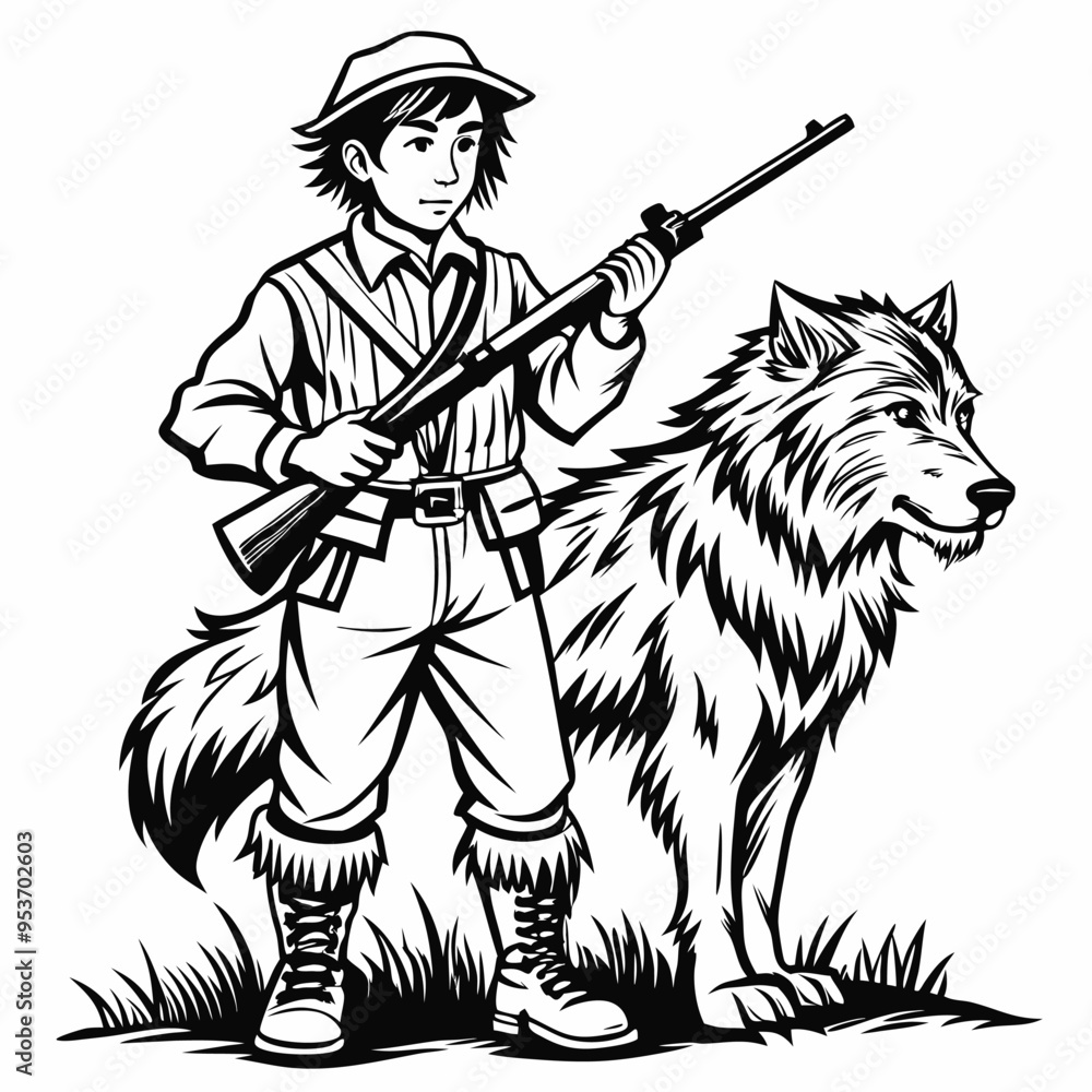 Hunter Shooting with Dog Beside Vector Illustration Silhouette, 2D ...