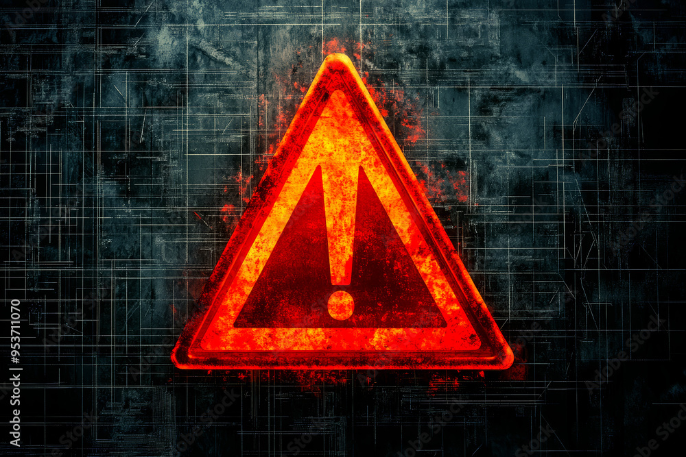 Digital triangle warning sign with exclamation mark illustration. Cyber ...