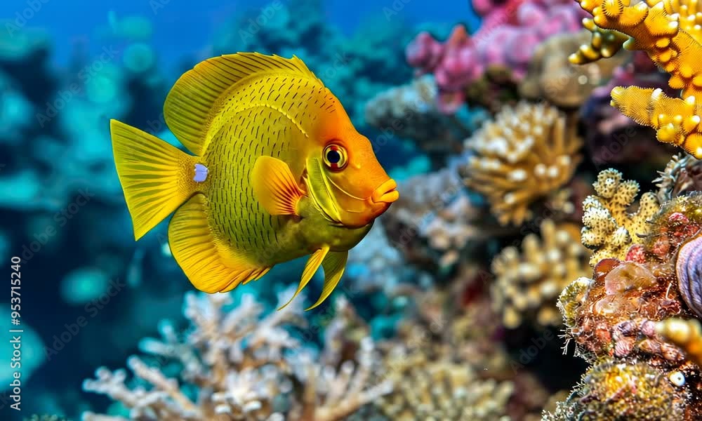 A solitary yellow tang fish swims among coral reefs, its vivid ...