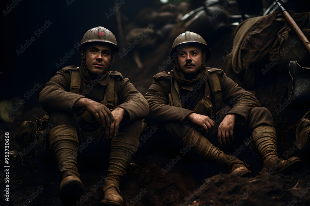 photo of two soldiers in the trenches, two soldiers making a photo in a ...