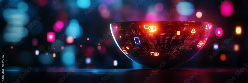 A glowing orb symbolizing digital security, with glowing icons of a ...