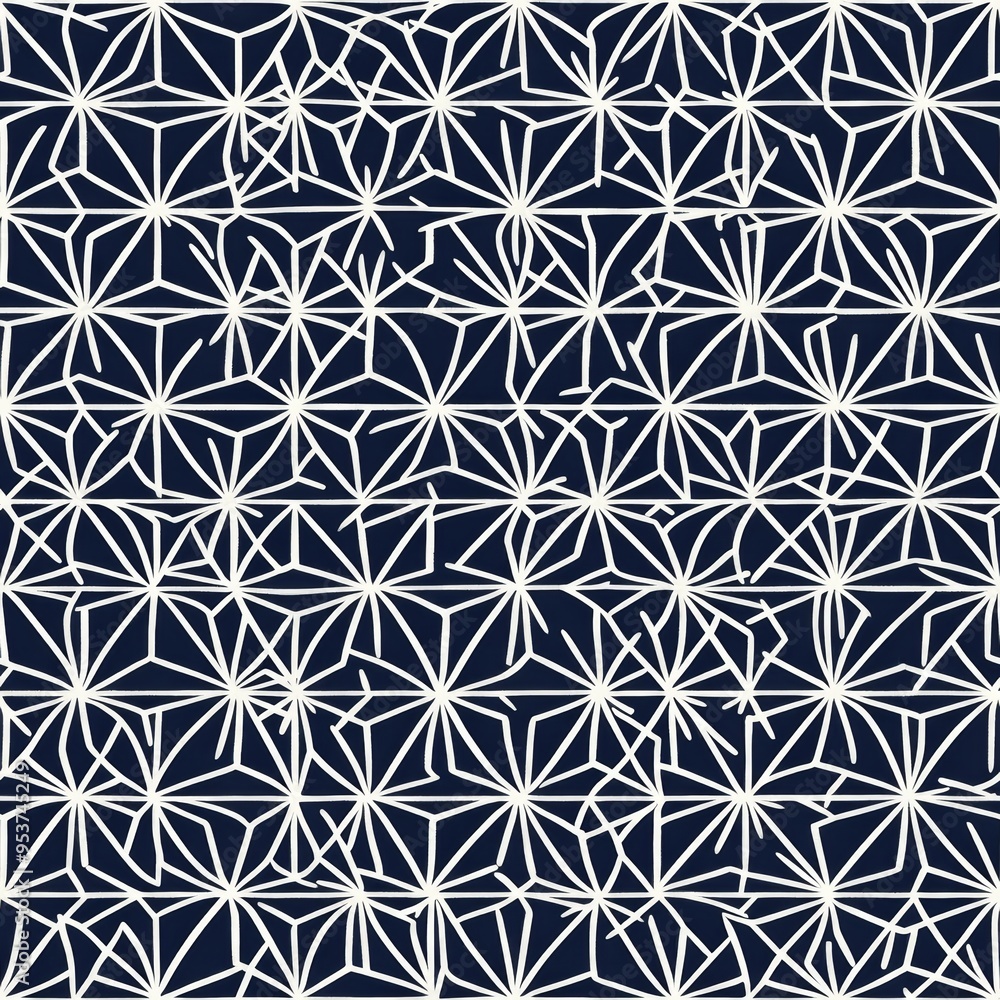 A fabric design featuring a repeating pattern of traditional Japanese Asanoha motifs, which are ...