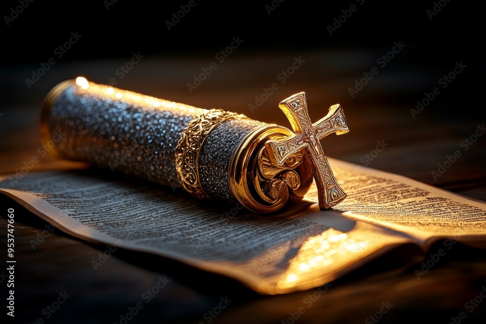 Covenant symbolized by a cross and a scroll in a sacred setting ...