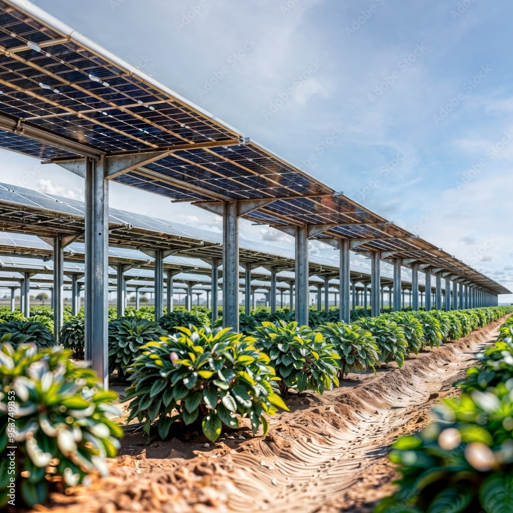 Solar Farm with Agrophotovoltaics. Rows of solar panels mounted on ...