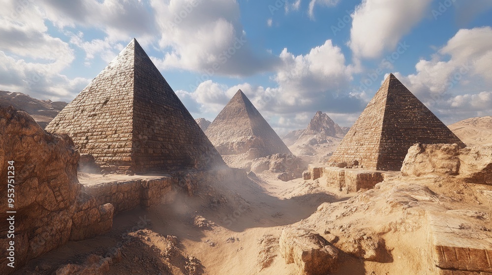 Beautiful stone pyramids set against a realistic background, featuring ...
