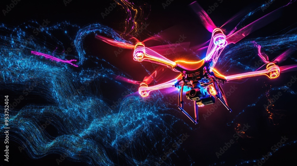 Drones creating stunning neon light patterns in the sky, with a dynamic ...