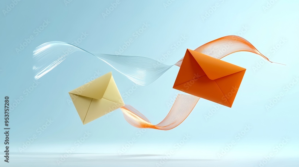 A digital illustration featuring two envelopes floating in mid-air ...
