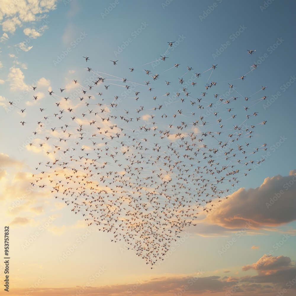 6. An AI-powered drone swarm creating intricate patterns in the sky, symbolizing precision and ...