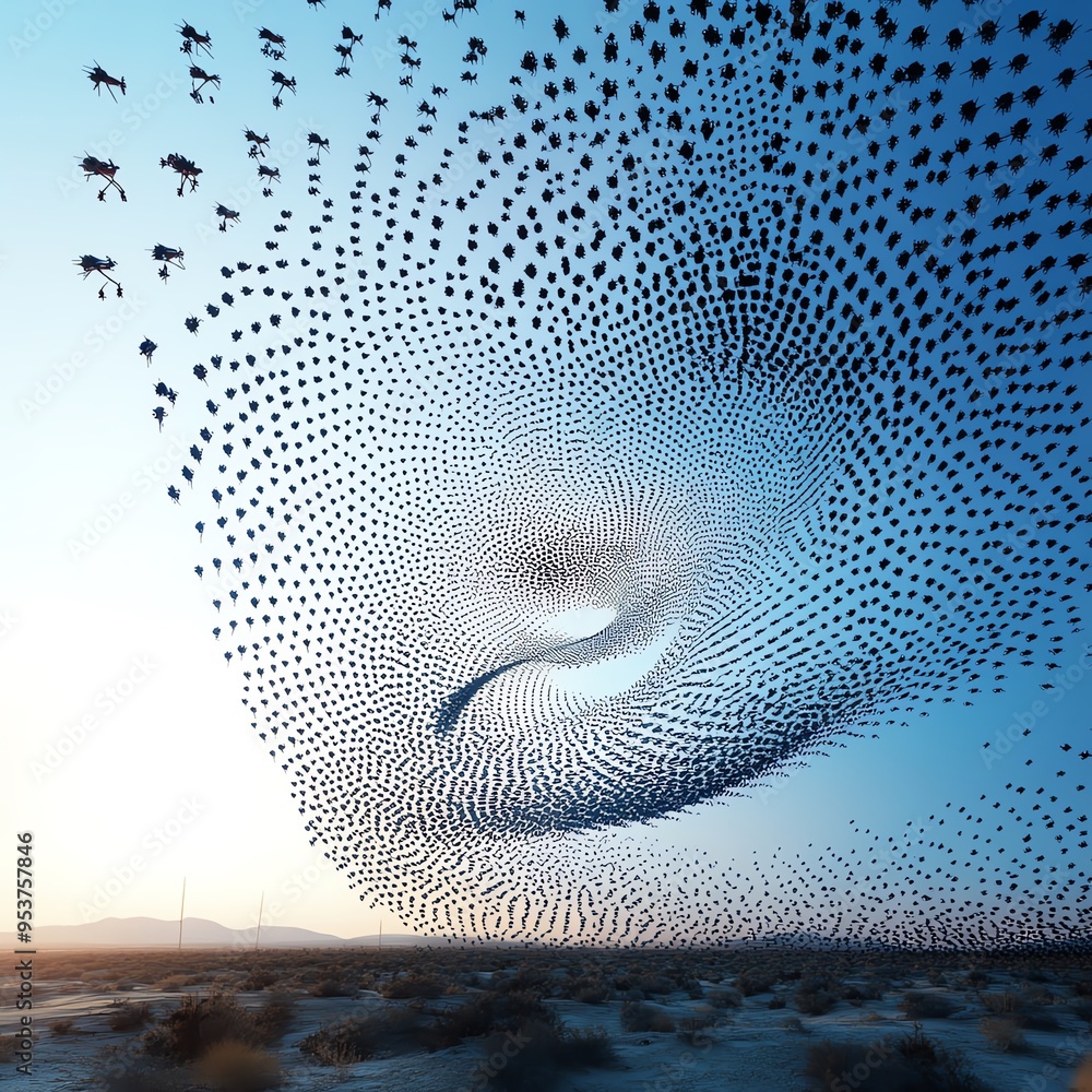 6. An AI-powered drone swarm creating intricate patterns in the sky, symbolizing precision and ...