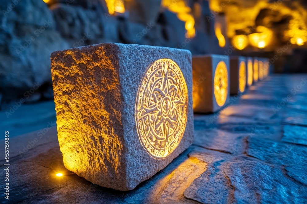 Covenant symbol carved into ancient stone tablets, captured in a photo ...