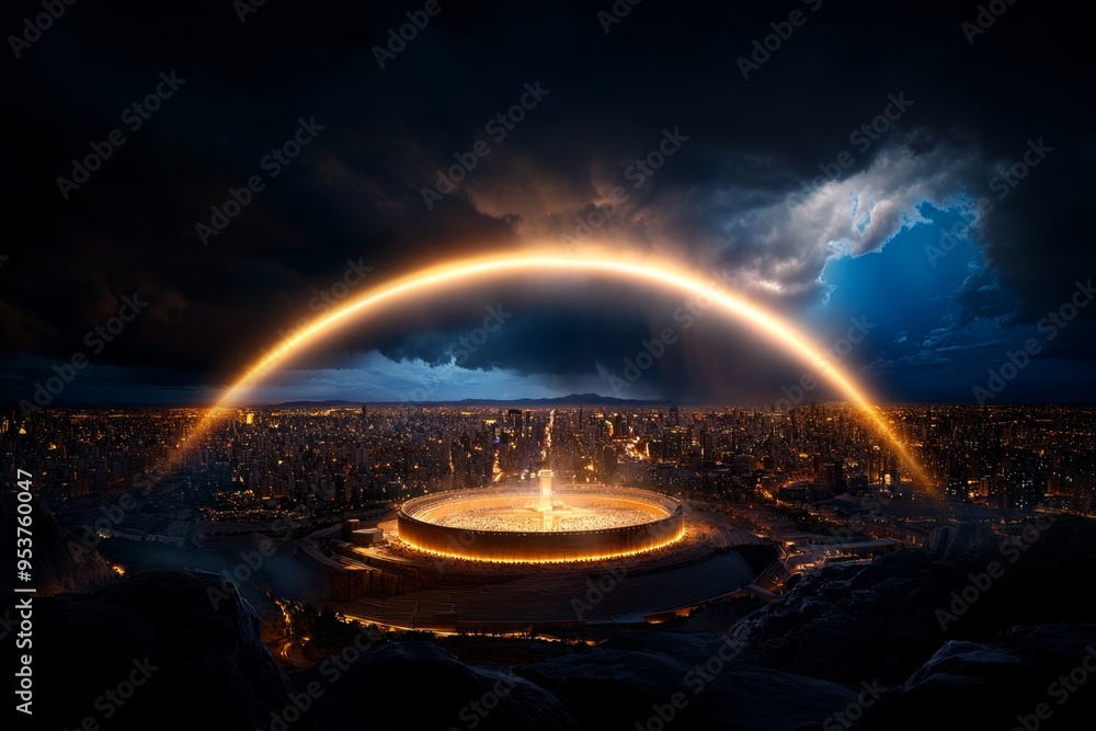 Covenant symbolized by a rainbow over a holy site, illustrated in a ...