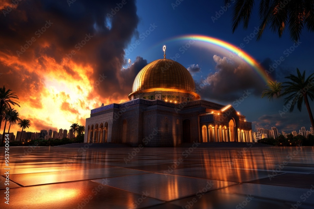 Covenant symbolized by a rainbow over a holy site, illustrated in a ...