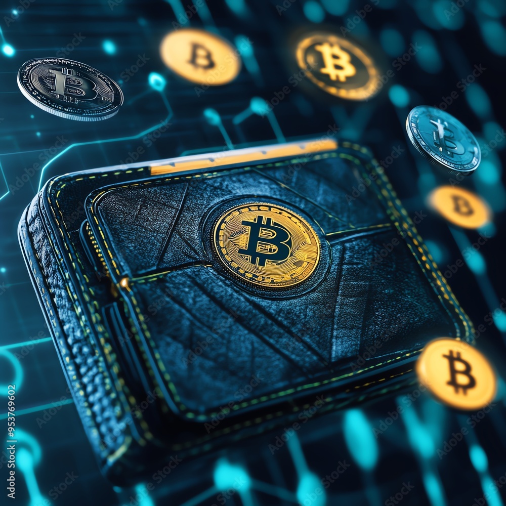 13. Cryptocurrency symbols floating around a digital wallet, showcasing ...