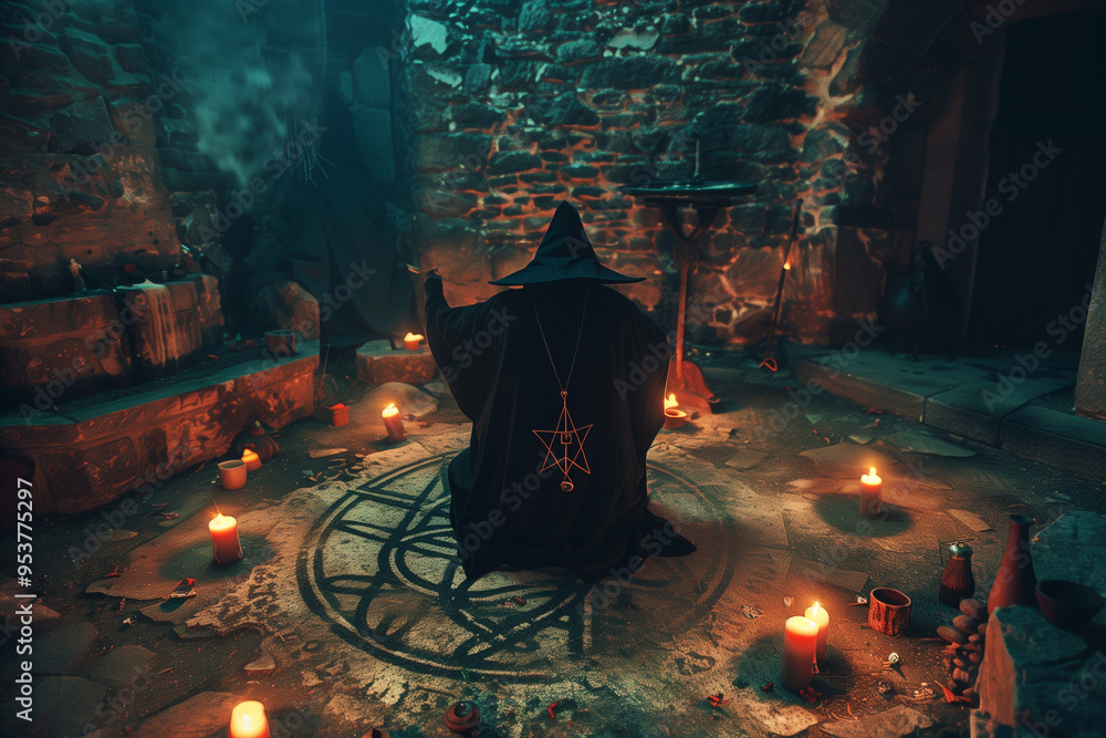 Satanic Ritual with Hooded Warlock Praying on Pentacle and Summoning ...